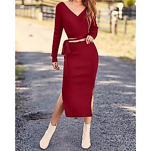 PRETTYGARDEN Women Sexy Sweater Long Sleeve Wrap V Neck Ribbed Knitted Top High Waist Bodycon Two Side Slit Skirt Set(Solid Wine Red,Large)