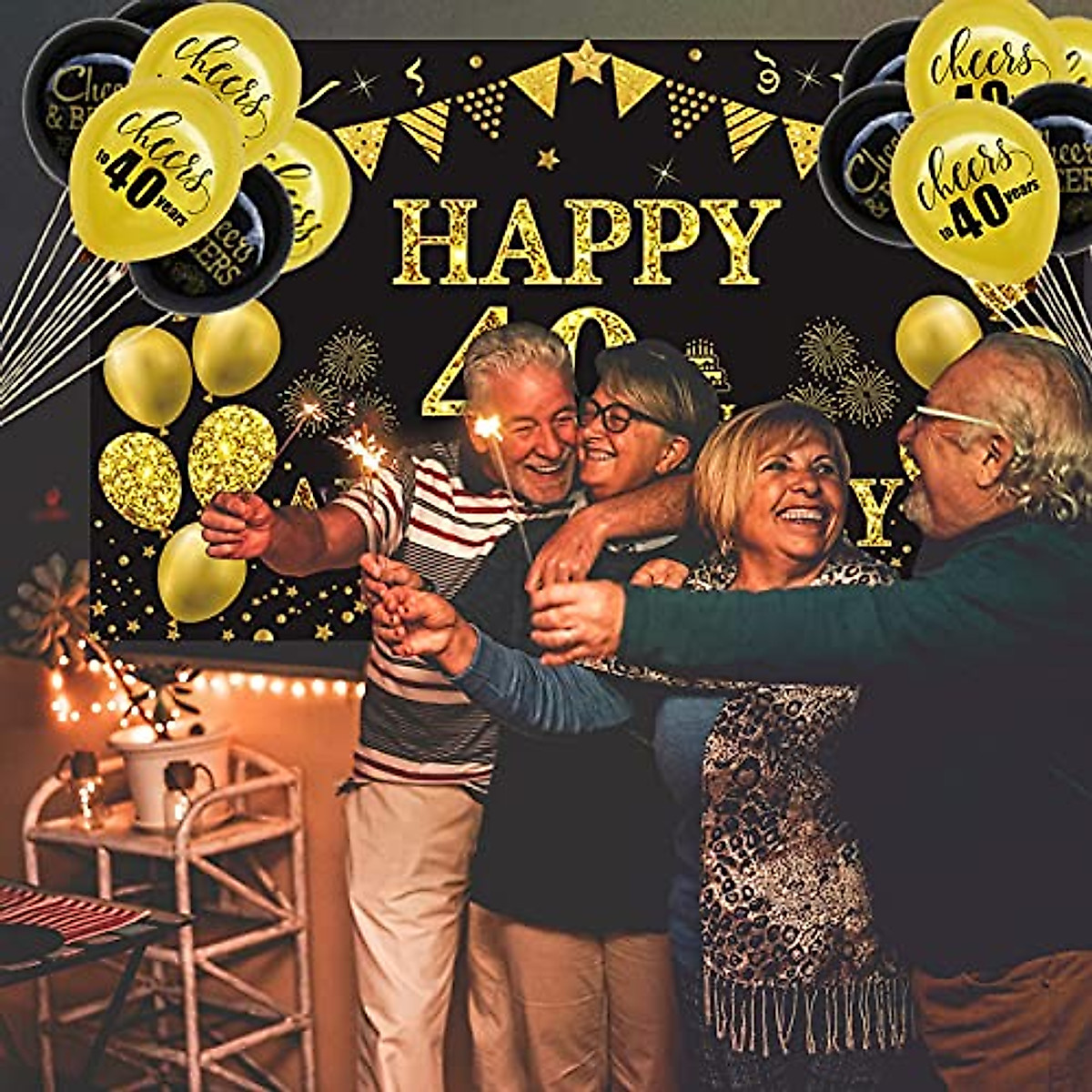 DARUNAXY 40th Wedding Anniversary Decorations, Large Happy 40th Anniversary Banner Backdrop 70 x 43 Inches, Black and Gold Party Balloons, Hanging Swirls for Indoor Outdoor Home Wall Party Supplies