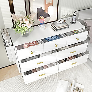 Fushimuma White Dresser for Bedroom, 7 Drawer Dresser with Charging Station, Wood Chest of Drawers with Gold Handles, Modern Dressers & Chests of Drawers for Living Room, Hallway