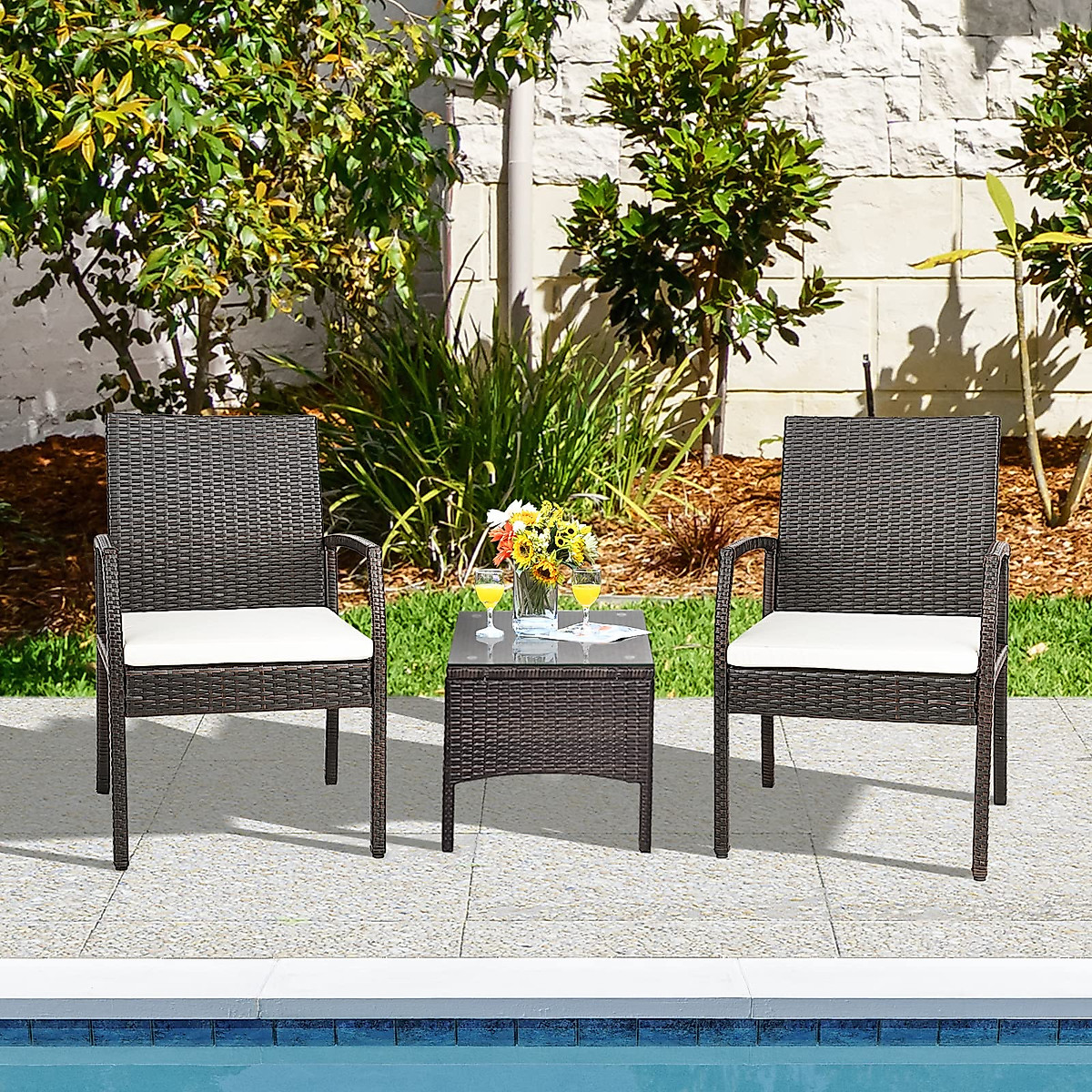Tangkula Patio Wicker Dining Chair Set of 2, Outdoor PE Rattan Armchairs with Removable Cushion, Armrest, Weather-Resistant Wicker, Patio Armchairs for Garden, Backyard, Poolside (1, Off White)