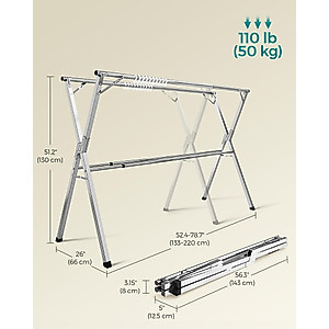 SONGMICS Clothes Drying Rack, Heavy-Duty Laundry Drying Rack, 52.4-78.7 Inches Extendable, Foldable Freestanding Airer, Stainless Steel, for Indoor Outdoor Use, Dove Gray ULLR902E01