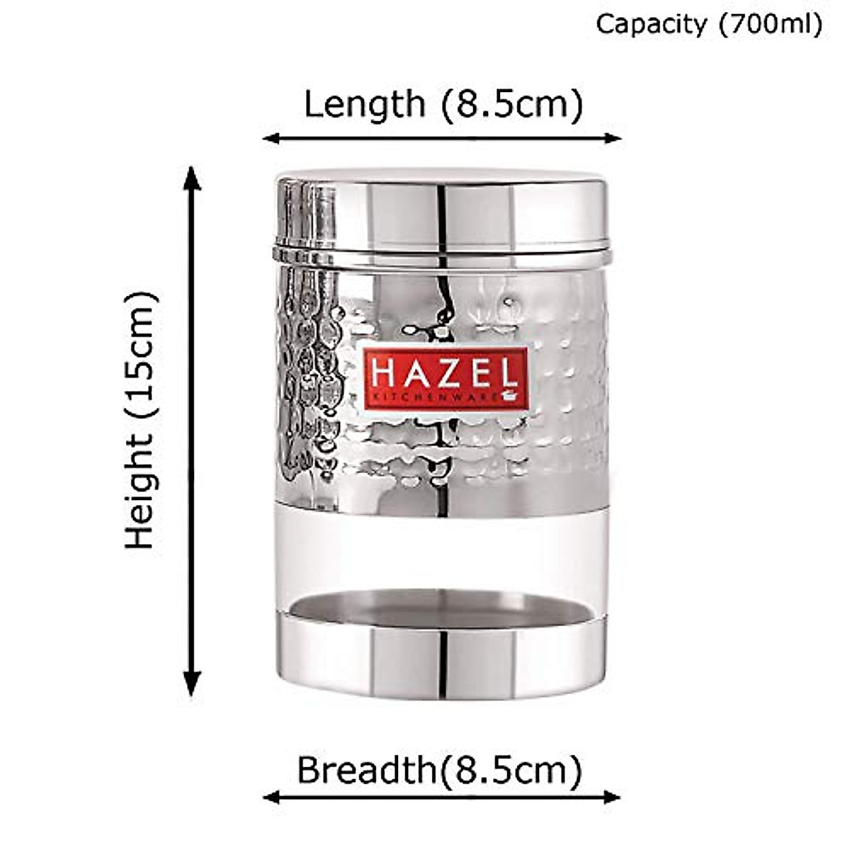 HAZEL Stainless Steel Hammered Finish Transparent Glossy See Through Container, Set of 6, 700 ML Each, Silver
