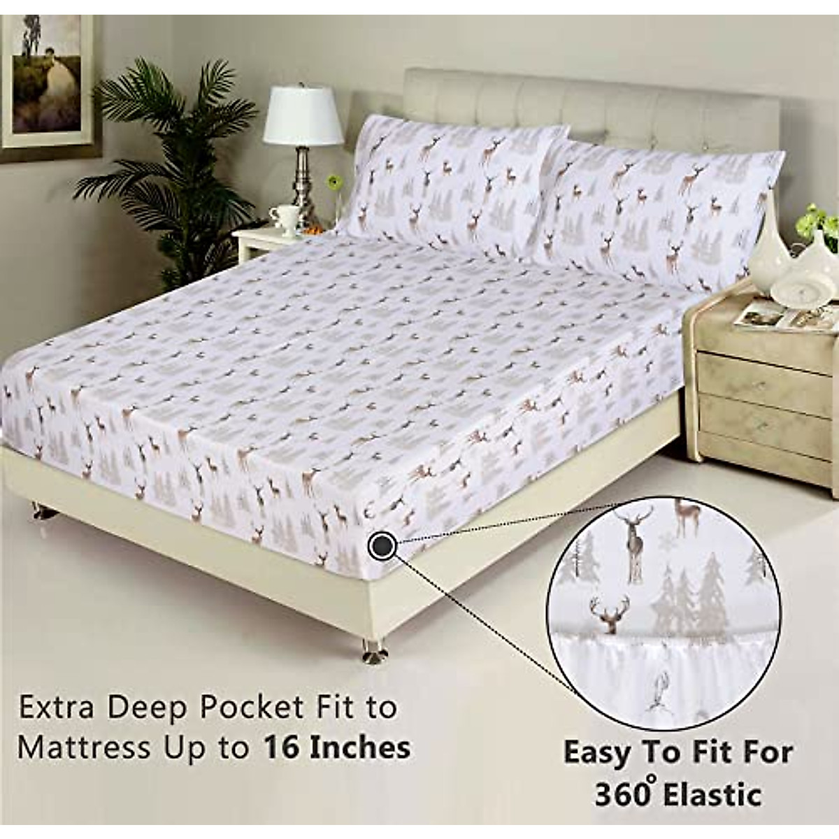 RUVANTI Flannel Sheets King Size - 100% Cotton Brushed Flannel Bed Sheet Sets - Deep Pockets 16 Inches (fits up to 18") - All Seasons Breathable & Super Soft - Warm & Cozy - 4 Pcs - Brown Deer