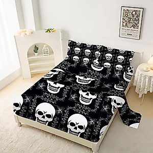 VTKON Skull Sheets Set Gothic Sheets Halloween Bed Sheets Full Black Skull Bedding Set for Kids Boys Women Goth Bedding Set with 1 Fitted Sheet + 1 Flat Sheet + 2 Pillowcases