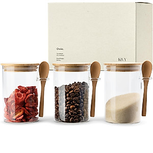 KIVY Airtight glass jars with bamboo lids and spoons (17oz) Sugar jar with spoon - Sugar container for coffee bar - Glass jar with spoon - jars with spoons and lids - Container with spoon - Tea jars