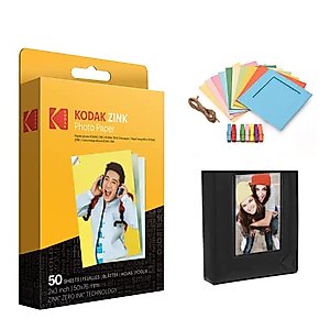 KODAK 2"x3" Premium Zink Photo Paper (50 Sheets) + Colorful Square Hanging Photo Frames + Photo Album (Compatible Printomatic)