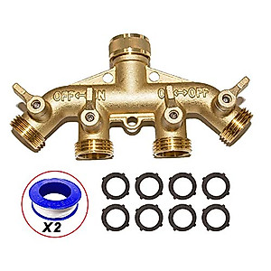 HQMPC 4 Way Hose Splitter 3/4" GHT Garden Hose Splitter 4 Way Solid Brass Hose Connector Heavy Duty Hose Spigot Adapter With 4 Valves 8 Gaskets +2 Seal Tapes