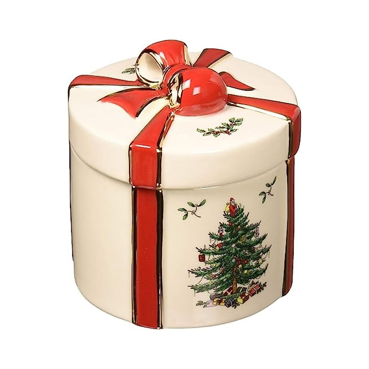 Spode Christmas Tree Gift Box Figurine, 4" Christmas Centerpiece with Red Ribbon & Gold Trim - Fine Earthenware for Holiday Home Decor, Festive Table Collectible & Winter (Small)