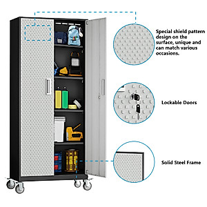 Tall Metal Garage Storage Cabinet, 72" Tool Storage Cabinet Utility Locker with Wheels, Adjustable Shelves & Locking Doors- Pantry Cabinets for Kitchen, Bathroom, Laundry Room, Basement Organization