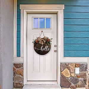 Wood Round Hello Welcome Wreath Sign Hanging Decoration Front Door, Farmhouse Porch Sign and Artificial Green Plant, Rural Outdoor Decor New House Relocation Gift
