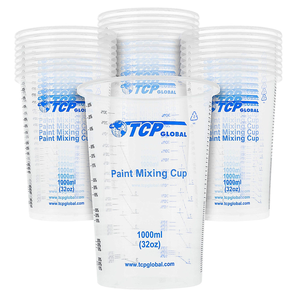 TCP Global 32 Ounce (1000ml) Disposable Flexible Clear Graduated Plastic Mixing Cups - Box of 25 Cups - Use for Paint, Resin, Epoxy, Art, Kitchen, Cooking, Baking - Measuring Ratios 2-1, 3-1, 4-1, ML