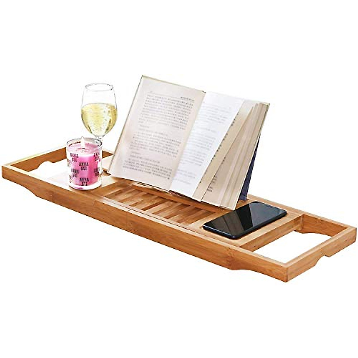 DOZYANT Bamboo Bathtub Tray Caddy Wooden Bath Tray Table with Extending Sides, Reading Rack, Tablet Holder, Cellphone Tray and Wine Glass Holder