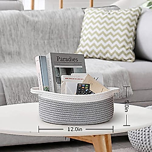 Goodpick Small Woven Basket Cute Gray Rope Basket Cotton Basket Baby Room Storage Basket Dog Toy Basket with Handles Empty Gift Basket for Shelf 12"x 8" x 5" Easter Basket Oval Candy Color Design