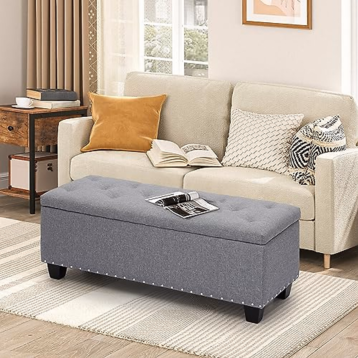 MoNiBloom 42 Inch Long Storage Ottoman for Bedroom, Contemporary Grey Linen Tufted Bench Footrest Foot Stool Upholstered Rectangular Ottoman with 40L Inner Space, 660 Lbs Capacity