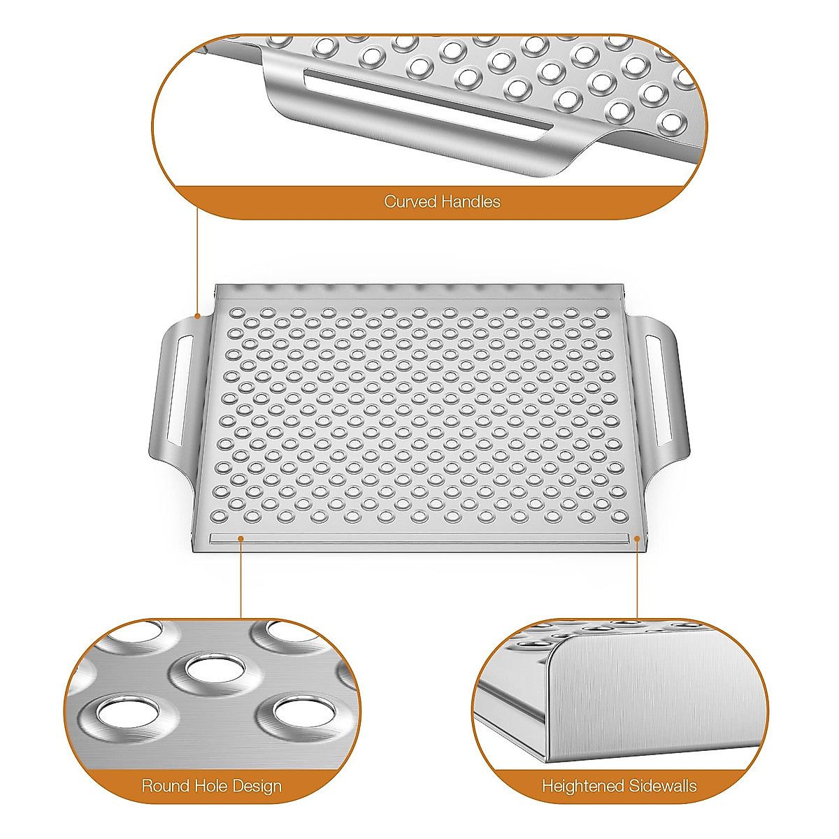 Onlyfire Stainless Steel Grill Basket, Nonstick BBQ Grill Tray Topper Grid Grilling Pan with Perforated Bottom and Handles for Seafood, Meats, Vegetables, Great for Most Grills and Smokers