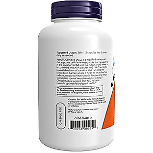 NOW Supplements, Acetyl-L Carnitine 500 mg, Amino Acid, Brain And Nerve Cell Function*, 200 Veg Capsules