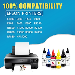 YOUEXPERT DTF Ink Premium Heat Transfer Ink Conversion Kit Refill for Epson L1800, R2400, L800, 1430, P400, P800, R2000, XP-15000 All DTF Printers, for DTF Film (CMYBK Wh, 6x100ml)