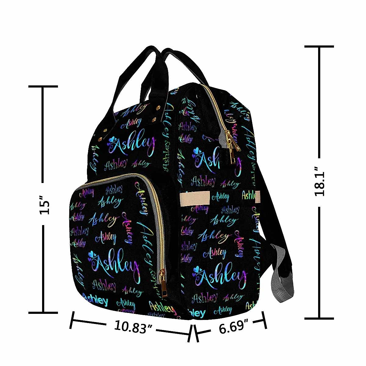 Custom Diaper Bag, Dazzle Color Name Text Logo Black Personalized Diaper Backpack with Text Mummy Nursing Baby Bags Shoulders Bag Casual Daypack Travel Bag for Mom Mother's Day