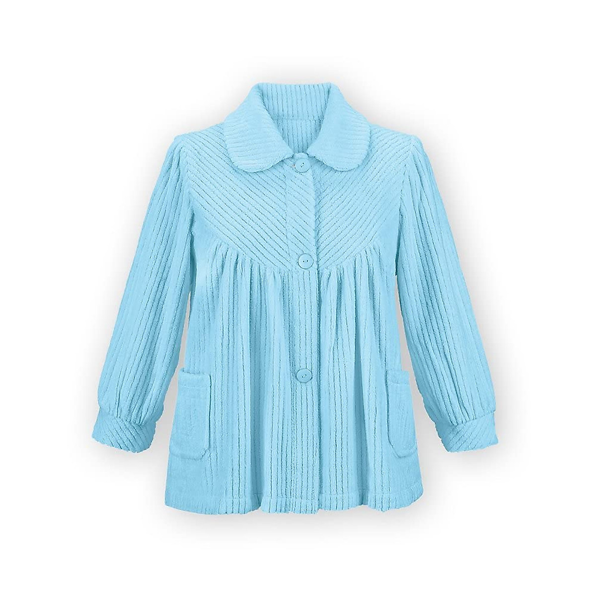 Collections Etc Women's Soft Fleece Button Down Night Shirt with Pockets - Comfy Flattering Fit Over Pajamas or Nightgown, Light Blue, Medium
