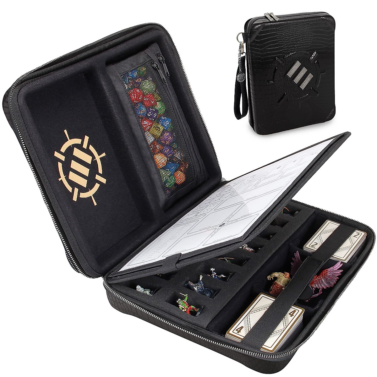 ENHANCE DnD Binder - Collector's Edition RPG Organizer Case with Built-in Character Sheet Holder and Erasable Scribe Panel, Dice Rolling Area, Removable Pen Pouch, Miniature Foam Tray (Dragon Black)