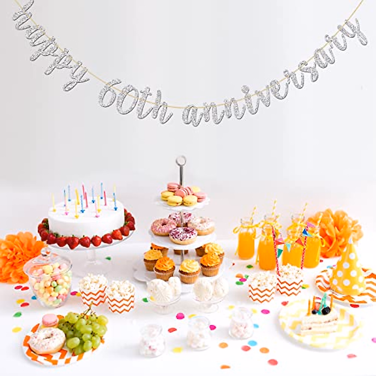 INNORU Glitter Silver Happy 60th Anniversary Banner - Sixty Sign - 60th Birthday Banner - 60th Wedding Anniversary Party Bunting Decoration