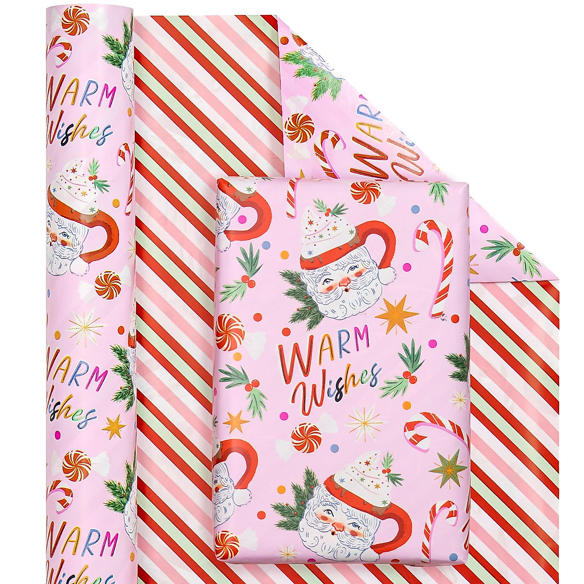 WRAPAHOLIC Reversible Christmas Wrapping Paper - Mini Roll - 17 Inch X 33 Feet - Santa Claus Cup and Stripe Design for Chrsitmas, Holiday, Party Celebration
