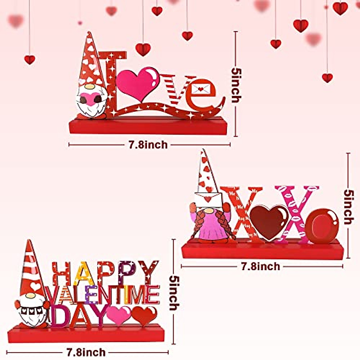 TURNMEON 3 Pcs Valentine's Day Table Decorations Sign Love Red Heart XoXo Gnome Happy Valentines Day Wooden Table Centerpieces Decoration for Valentine Home Office Decor Dinner Room Party Coffee