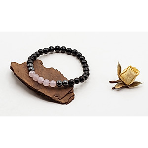 LTC Designs 6mm Black Tourmaline and Rose Quartz Metaphysical Healing Yoga Stretch Bracelet of Protection, Love and Stress Relief, 7.5" for Men,and Women