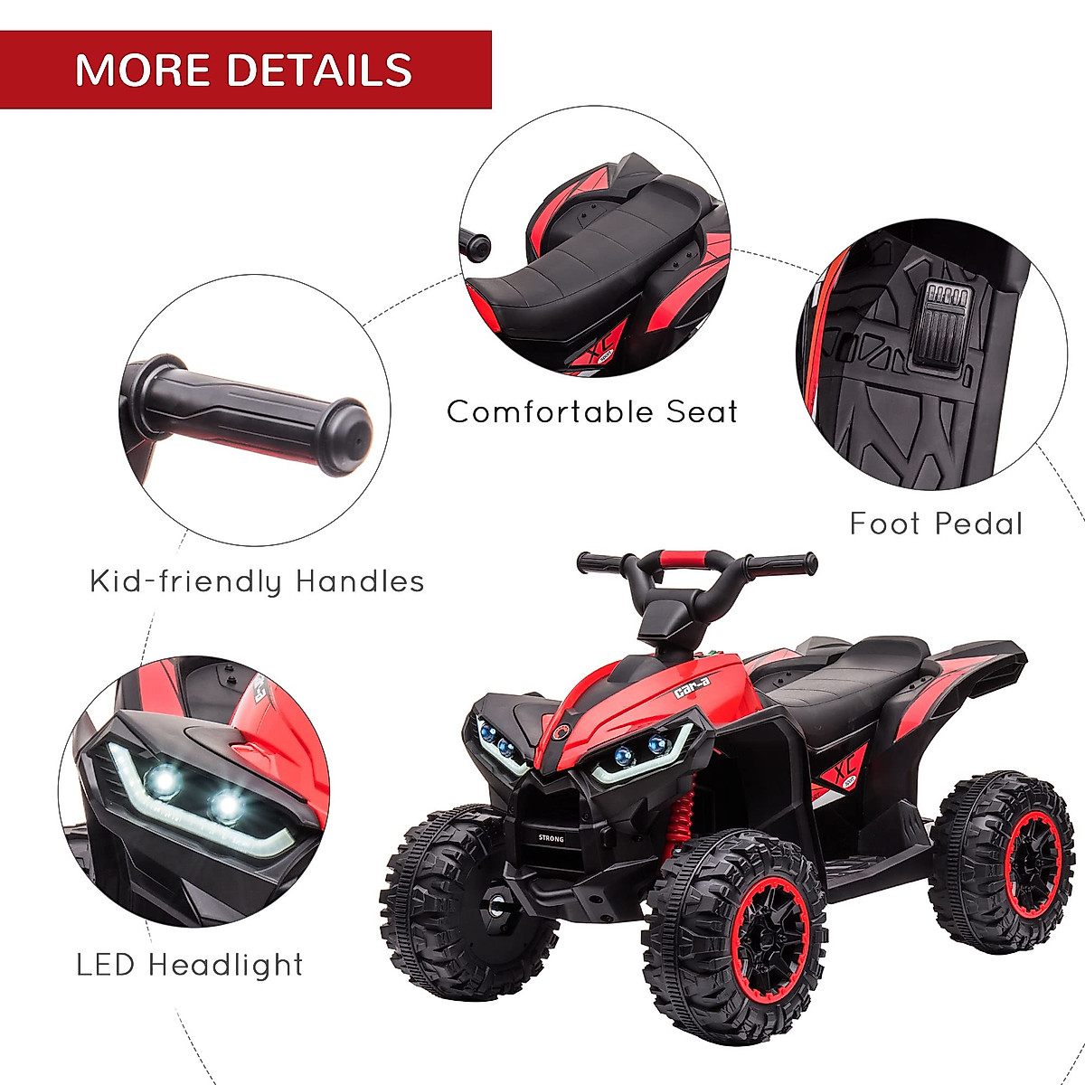 Aosom 12V Kids ATV Quad Car with Forward & Backward Function, Four Wheeler for Kids with Wear-Resistant Wheels, Music, Electric Ride-on ATV for Toddlers Ages 3+ Years Old, Red