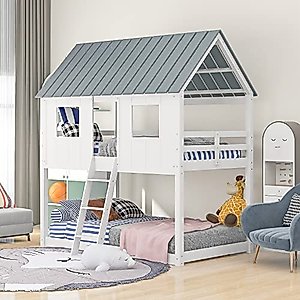Harper & Bright Designs Twin Over Twin House Bunk Bed, Kids House Bed Frame, Wood Low Bunk Bed with Roof, Window, Guardrail, for Kids, Teens, Girls, Boys - White