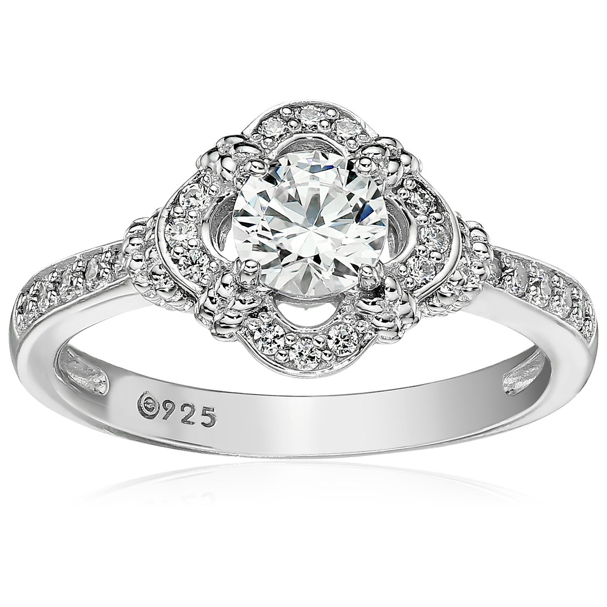 Amazon Essentials Sterling Silver Platinum Plated Infinite Elements Cubic Zirconia Framed Halo Antique Ring, Size 8, (previously Amazon Collection)