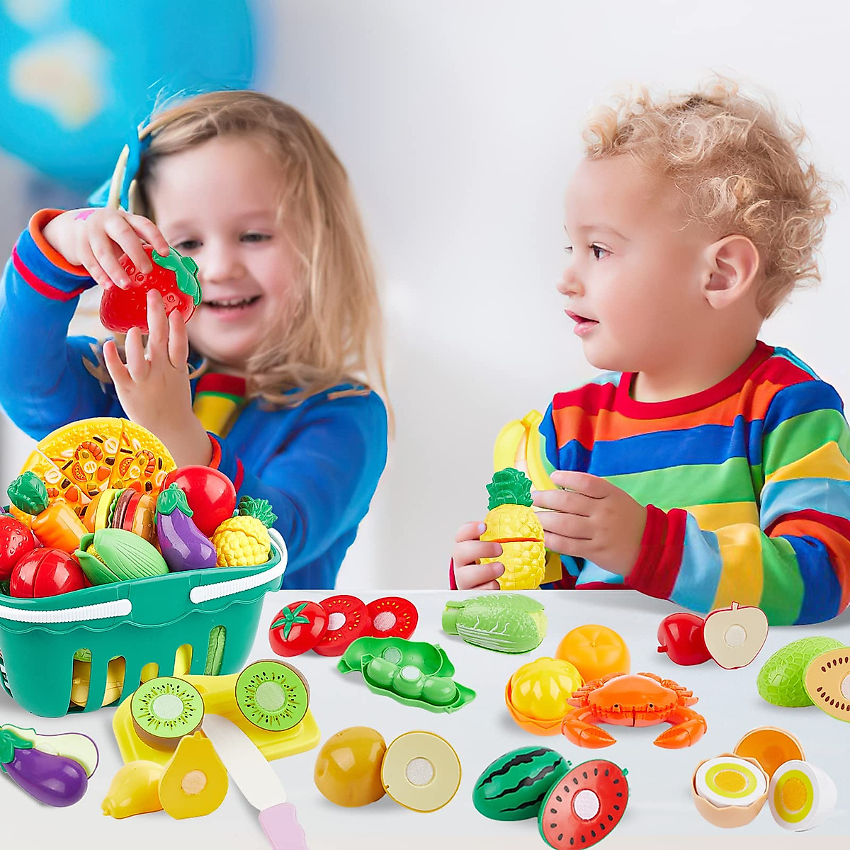 FLMRIOY 77 Pcs Cutting Play Food Toys for Kids Kitchen Accessories Peel & Cut Fruits and Vegetables Pretend Role Play Set with Storage Basket Fake Food Toys for Toddlers Children's Day Gift