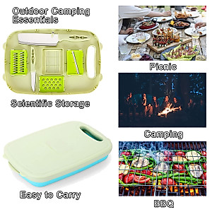 AOFUXTI Collapsible Cutting Board - Camping Cooking Utensil Set 10 in 1 Picnic BBQ RV Camper Accessiors Home Kitchen Kim Washing Dishes, Multi-Function Slicer Medium Green
