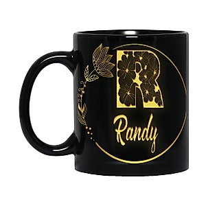 Coffee Mug Personalized Randy Name & Initial Letter Monogram Floral Alphabet Mug Golden Flowers Custom Black Coffee Cup, Gift for Her Mom Coworker Sister, Wife, Girl 11oz Black Mug 056062