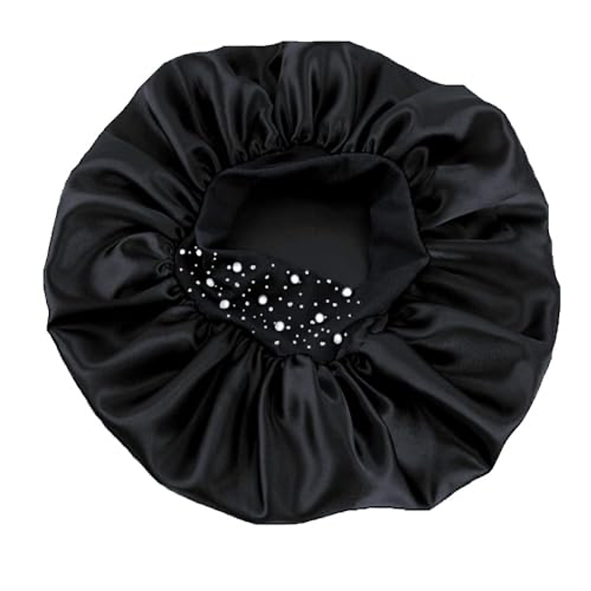 YeeMan Hair Bonnet Glittering Pearls and Rhinestones Satin Bonnet Wide Band Sleeping Cap (Black)