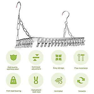 lesiega Clothes Drying Rack, Stainless Steel Sock Drying Rack with 36 Clips, Hanging Metal Heavy Duty Clothes Hanger Ideal for Drying Towels Socks Bras Clothes Underwear