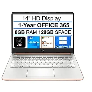2022 Newest HP Stream 14" HD Laptop, Intel Celeron N4020(up to 2.8GHz), 8GB RAM, 128GB Space(64GB eMMC+64GB Card), 1-Year Office 365, WiFi, HDMI, USB-C, Webcam, Bluetooth, Windows 11S,Rose Gold+JVQ MP