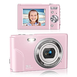 Digital Camera, Lecran Kids Camera FHD 1080P 36.0 Mega Pixels Vlogging Camera with 16X Digital Zoom, LCD Screen, Compact Portable Mini Cameras for Kids, Teens, Students (Pink)