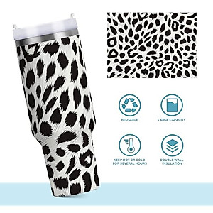 ODAWA 30 Oz Black White Leopard Tumbler Insulated with Handle and Straw, 2 in 1 Lid Insulated Steel Insulated Tumbler