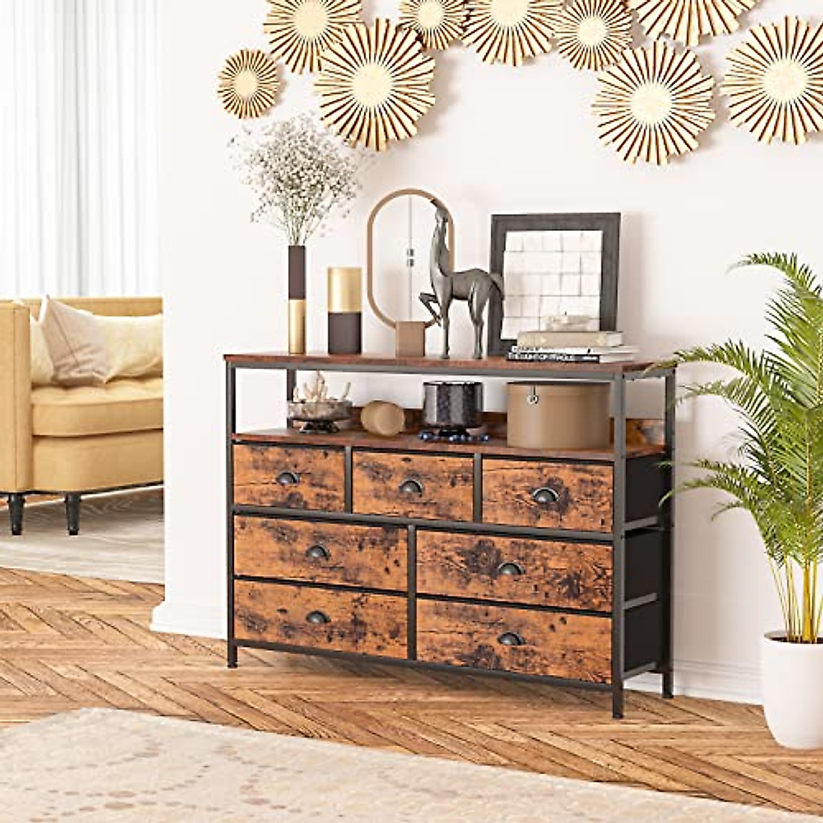 Furologee Dresser TV Stand, Console Sofa Table with 7 Drawers and 2-Tier Open Shelves, Entertainment Center for 45" TV, Storage Fabric Drawer Unit for Bedroom, Living Room, Entryway, Rustic Brown