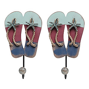 MyGift Nautical-Theme Flip Flop Sandal Entryway Wall-Hanging Single Ball Capped Storage Hook Coat, Coastal Starfish Bathroom Towel Rack Hangers, Set of 2