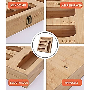 Bamboo Ziploc Bag Organizer - 5 Slots Wall Mount Zip Lock Baggie Storage Organizer for Drawer Kitchen - Compatible With Ziploc | Solimo | Glad | Hefty For Gallon | Quart | Sandwich | Snack Size Bags