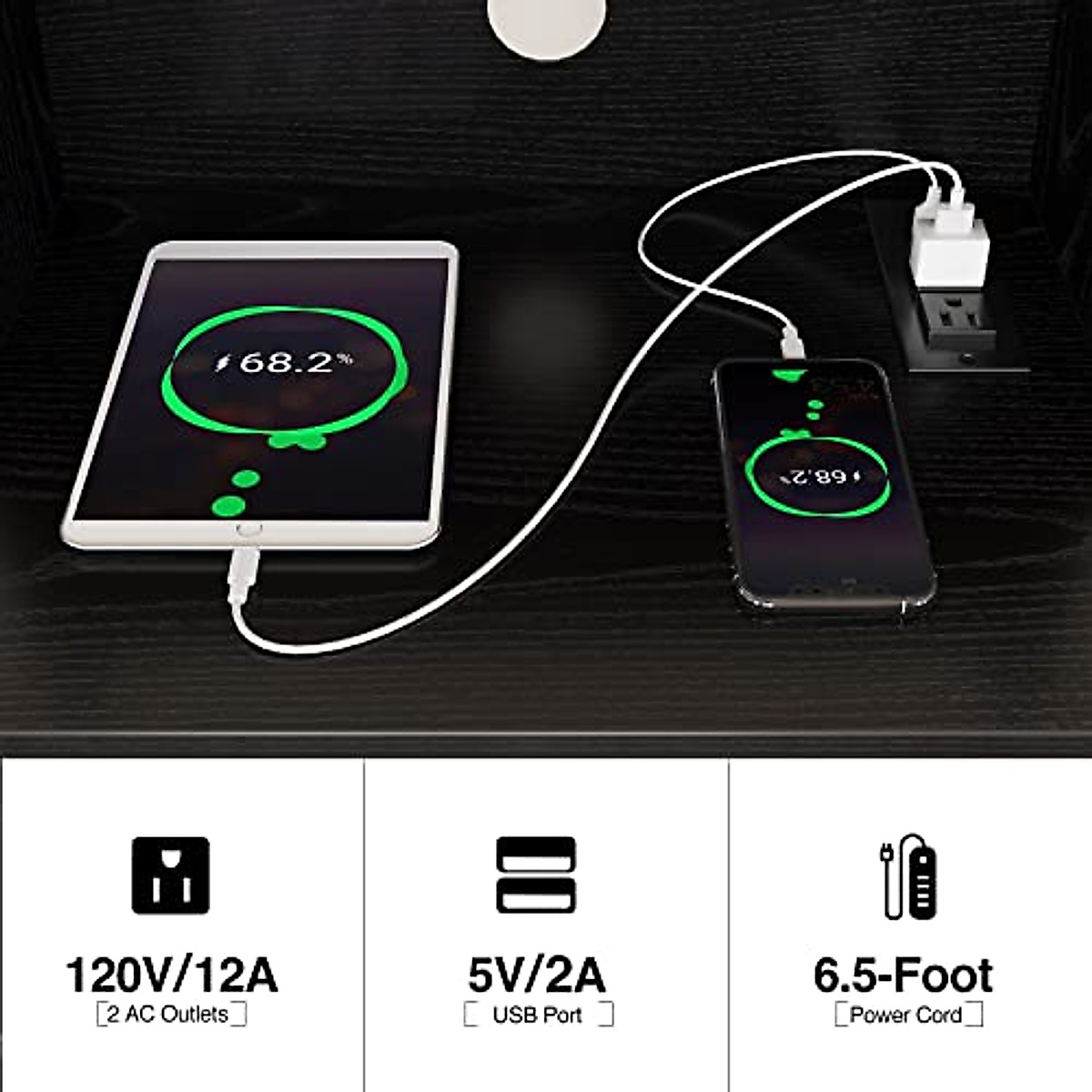 Rolanstar Nightstand with Charging Station and LED Lights, 2 AC and USB Power Outlets, Night Stand with 2 Drawers and Storage Shelves, Bedside Table for Bedroom - Black