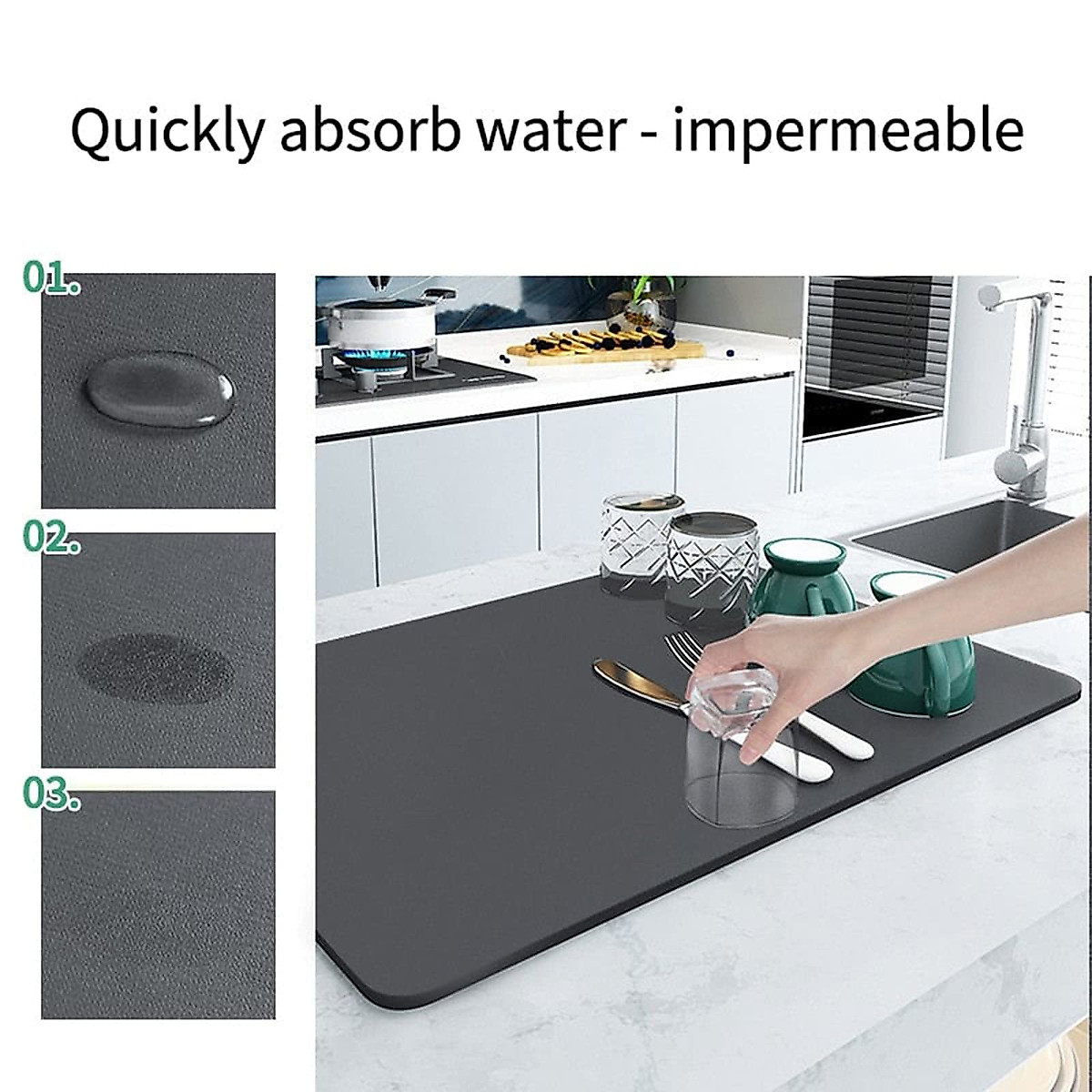 2023 New Kitchen Super Absorbent Draining Mat, No Rinse Coffee Maker Mat for Countertops, No Water Marks Coffe Mat Drying Mat, Anti-Slip Tableware Mat for Kitchen Counter Sink (D-15.7inX19.6in Gray)