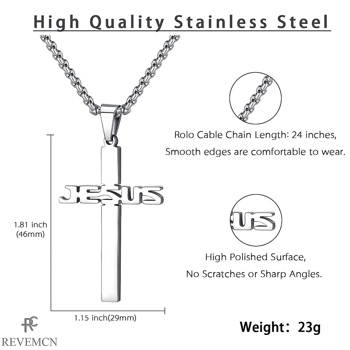 REVEMCN Stainless Steel Jesus Cross Pendant Necklace for Men Women 20-24 Inches Rolo Chain Christian Gifts for Men Faith