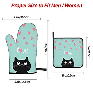 Cute Black Cat Love Oven Mitts and Pot Holders 4pcs Sets，Funny Kitchen High Heat Resistant Oven Mitts，with Oven Gloves and Hot Pads Pot Holders for Baking Cooking BBQ Grilling