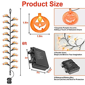 BOLWEO Halloween Willow Vine Twig Garland Lights, 6ft Pumpkin Lights Battery Operated with Timer 8 Modes Waterproof Halloween Decorations for Wall Window Door
