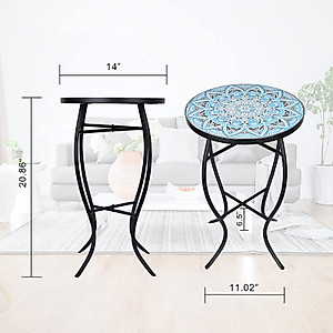 Vipush Mosaic Outdoor Side Table, 14" Round Folding End Table, Patio Accent Table Indoor Plant Stand for Living Room,Geramic Table Top Black Iron,Light Blue