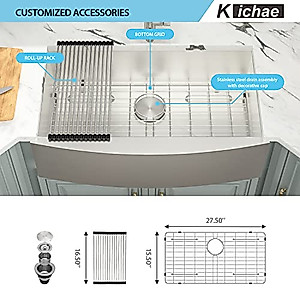 Kichae 30 Inch Farmhouse Apron Front Kitchen Sink Stainless Steel Single Bowl Kitchen Farm Sinks 30" Undermount Single Basin Farmer Sink