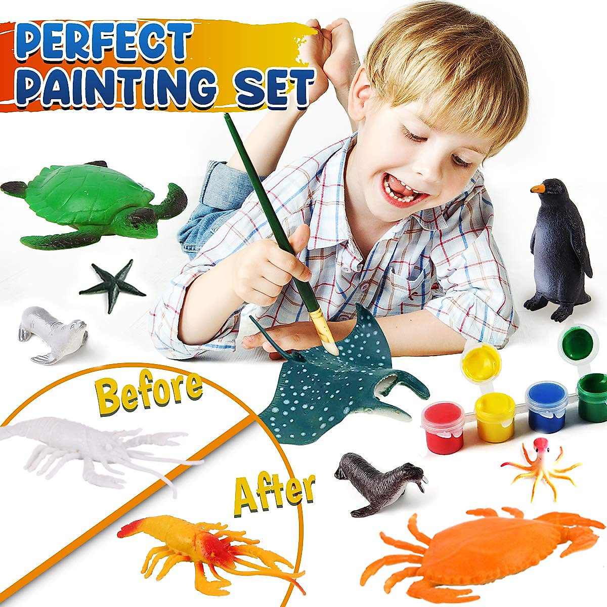 FUNZBO Shark Fish Toys Painting Kits for Kids Art Supplies, Sea Animal Sea Creatures Ocean Toys, Arts and Crafts for Kids Toddlers Boys Girls Ages 3-12